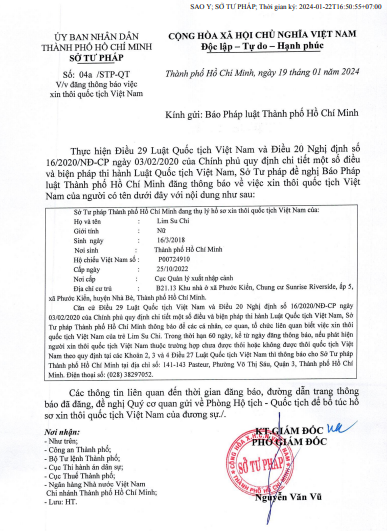 Thông báo Sở Tư pháp thôi quốc tịch Việt Nam của Lim Su Chi | Báo Pháp ...