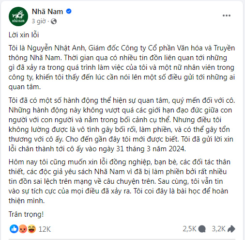 Giám đốc Nhã Nam bất ngờ xin lỗi lúc nửa đêm và giải thích về thông tin 'quấy rối nữ nhân viên ...
